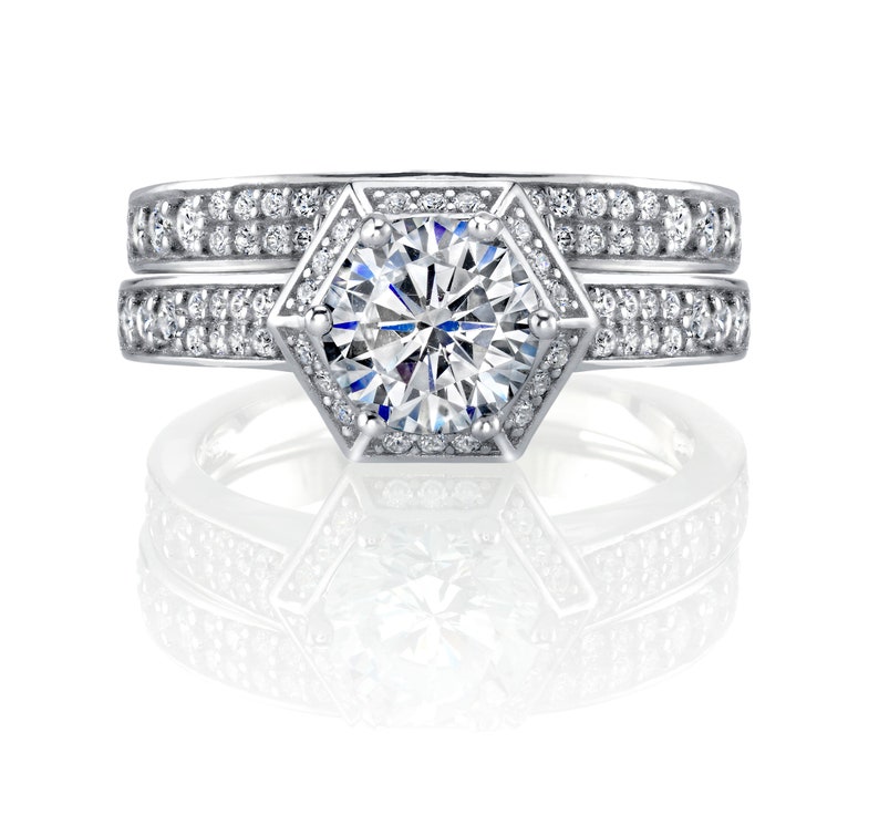 Hexagon Bridal Set Round Cut Engagement Ring Hexagonal Halo Wedding Set ...