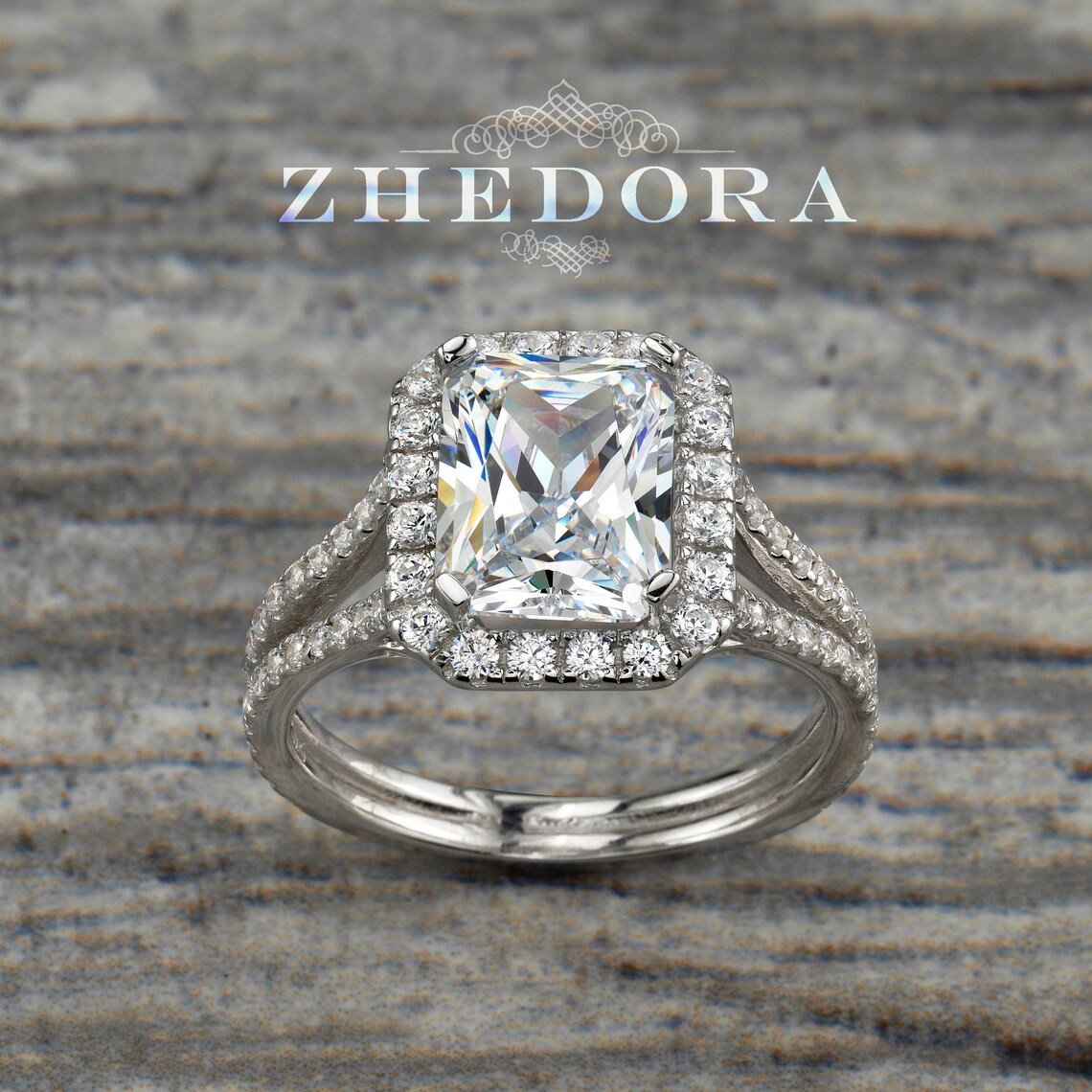 Sterling Silver Radiant Cut Engagement Ring, Split Shank Radiant Cut ...