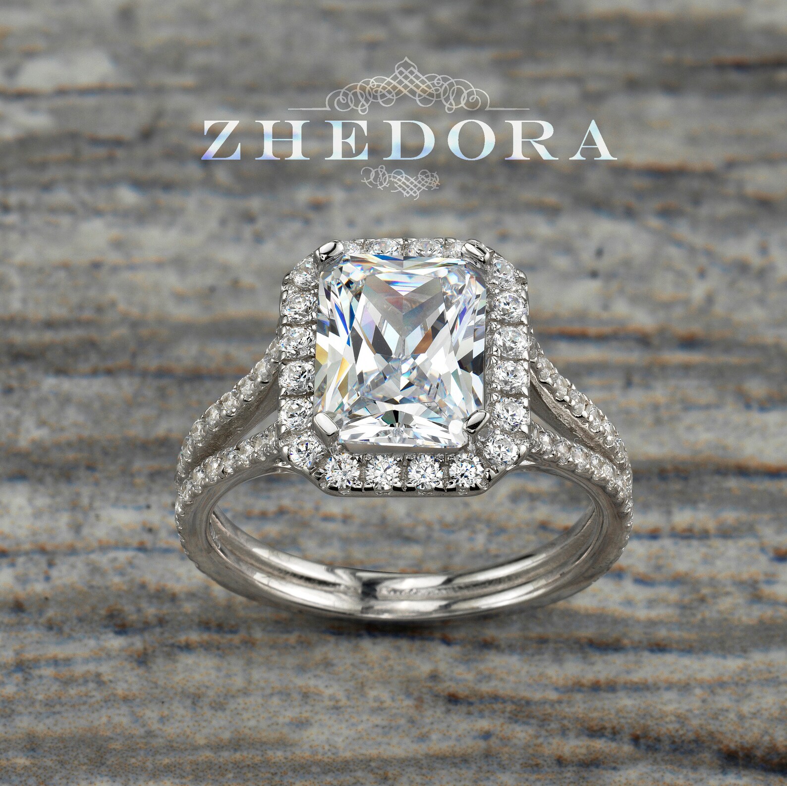 Sterling Silver Radiant Cut Engagement Ring, Split Shank Radiant Cut ...