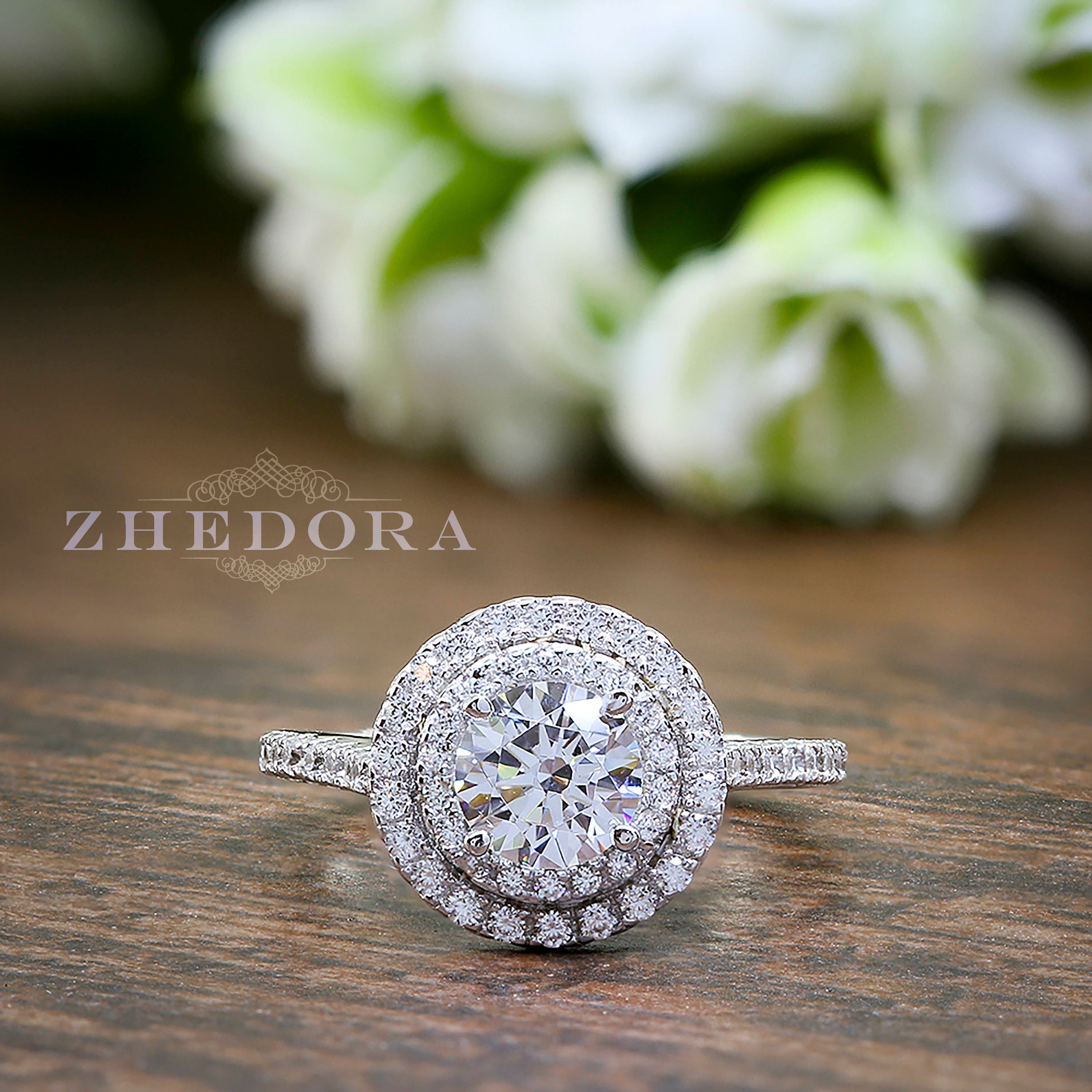 Double Halo Engagement Ring Sterling Silver Halo Wedding Ring - Etsy