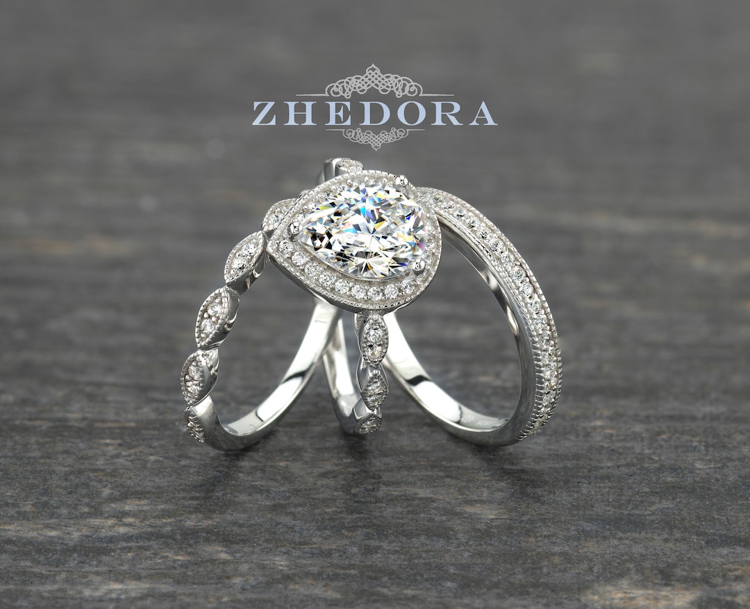 Pear Shape Engagement Ring Set Art Deco & Channel Set Bands Sterling ...