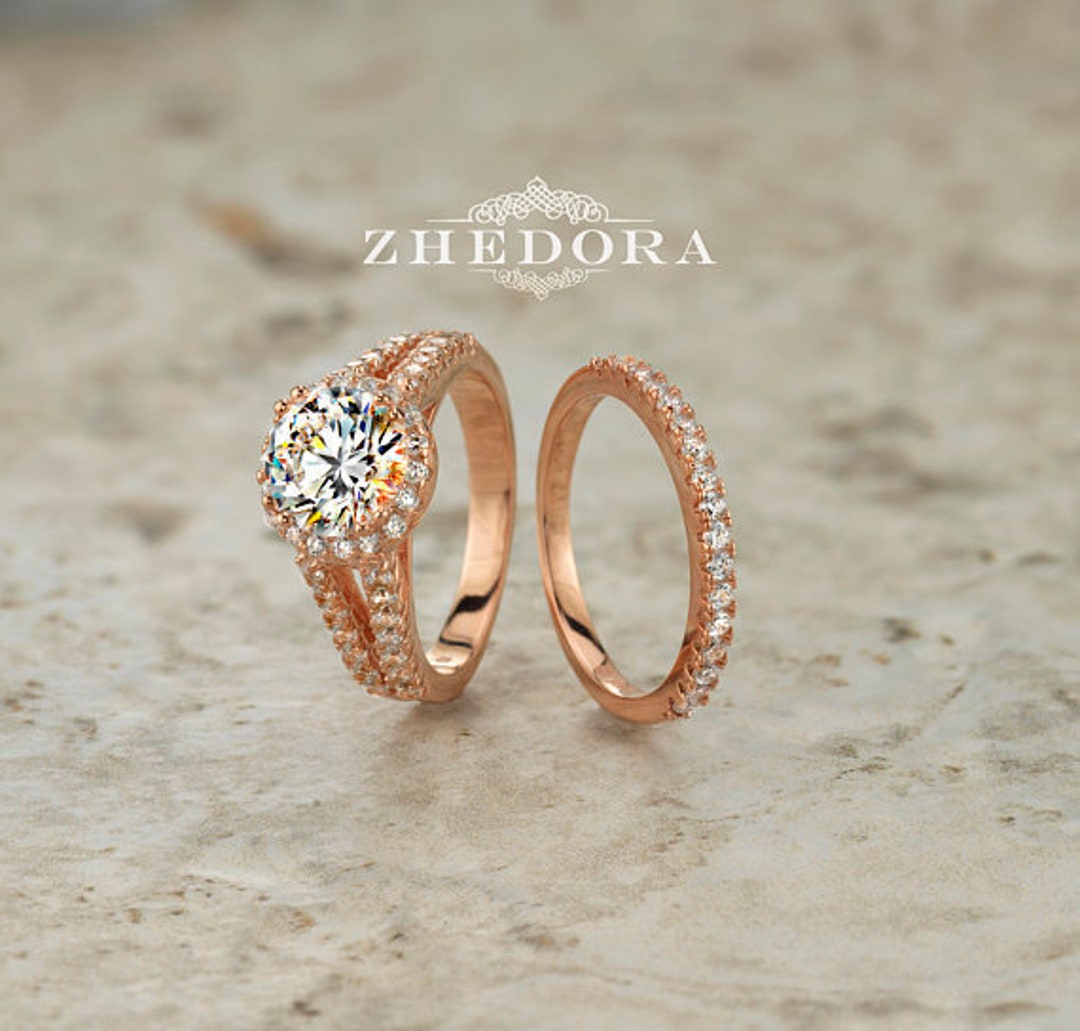 Split Shank Engagement Ring Set Rose Gold Plated Halo Wedding Set Round ...