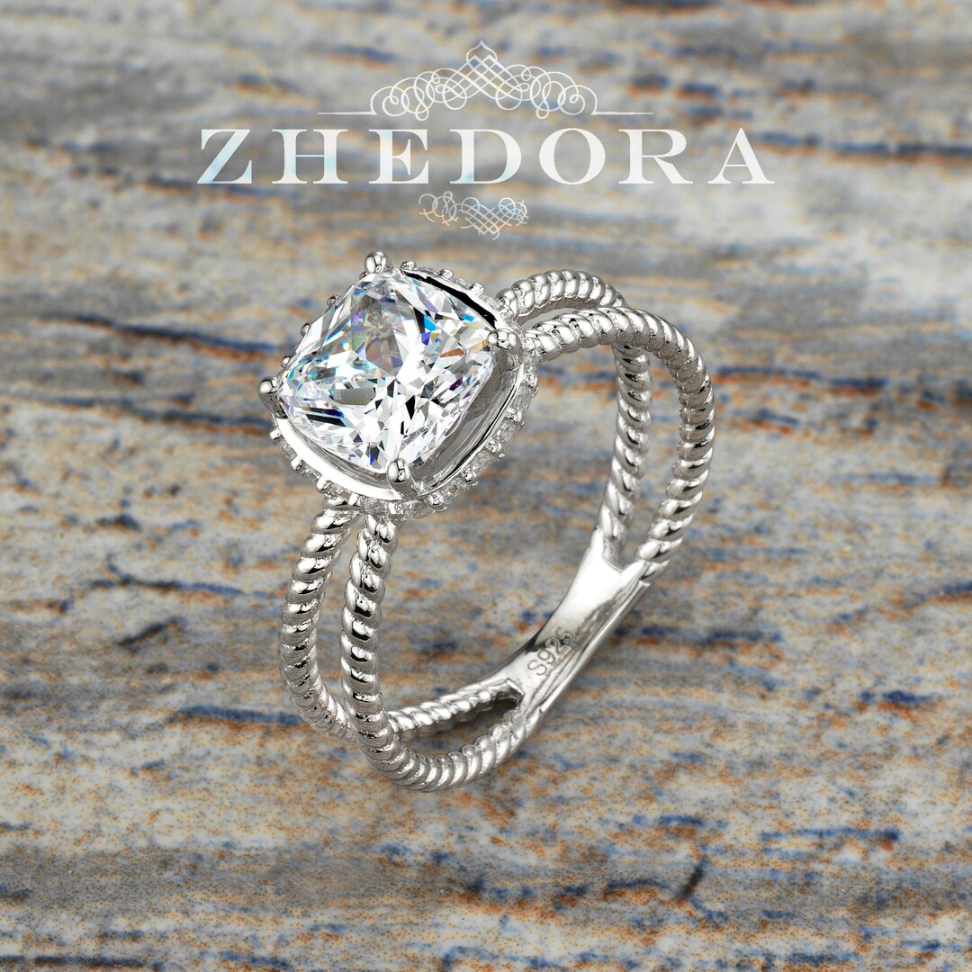 Sterling Silver Cushion Cut Cable Band Engagement Ring, Cable ...