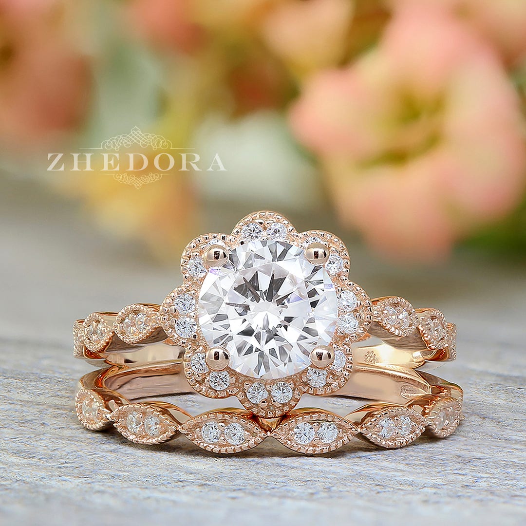 Flower Engagement Ring Set Rose Gold Plated Halo Wedding Set Art Deco ...