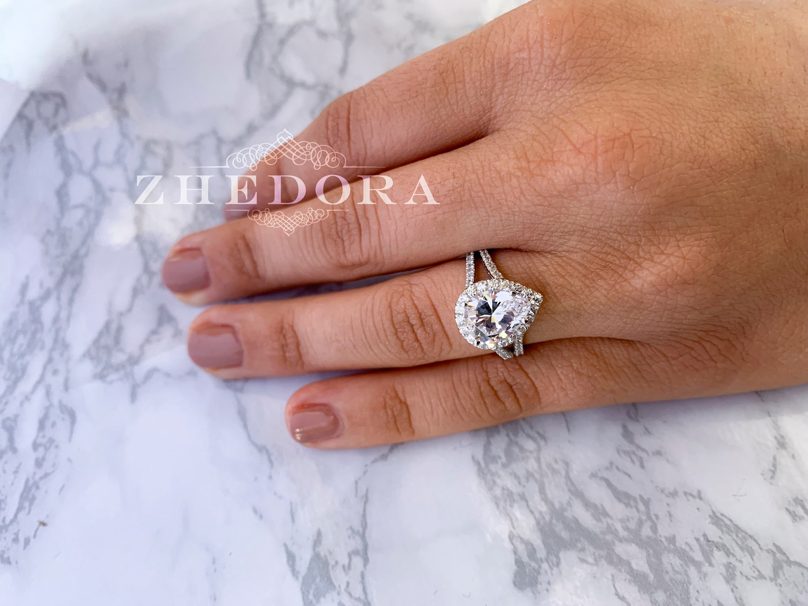 Sterling Silver Pear Engagement Ring, Split Shank Pear Engagement Ring ...