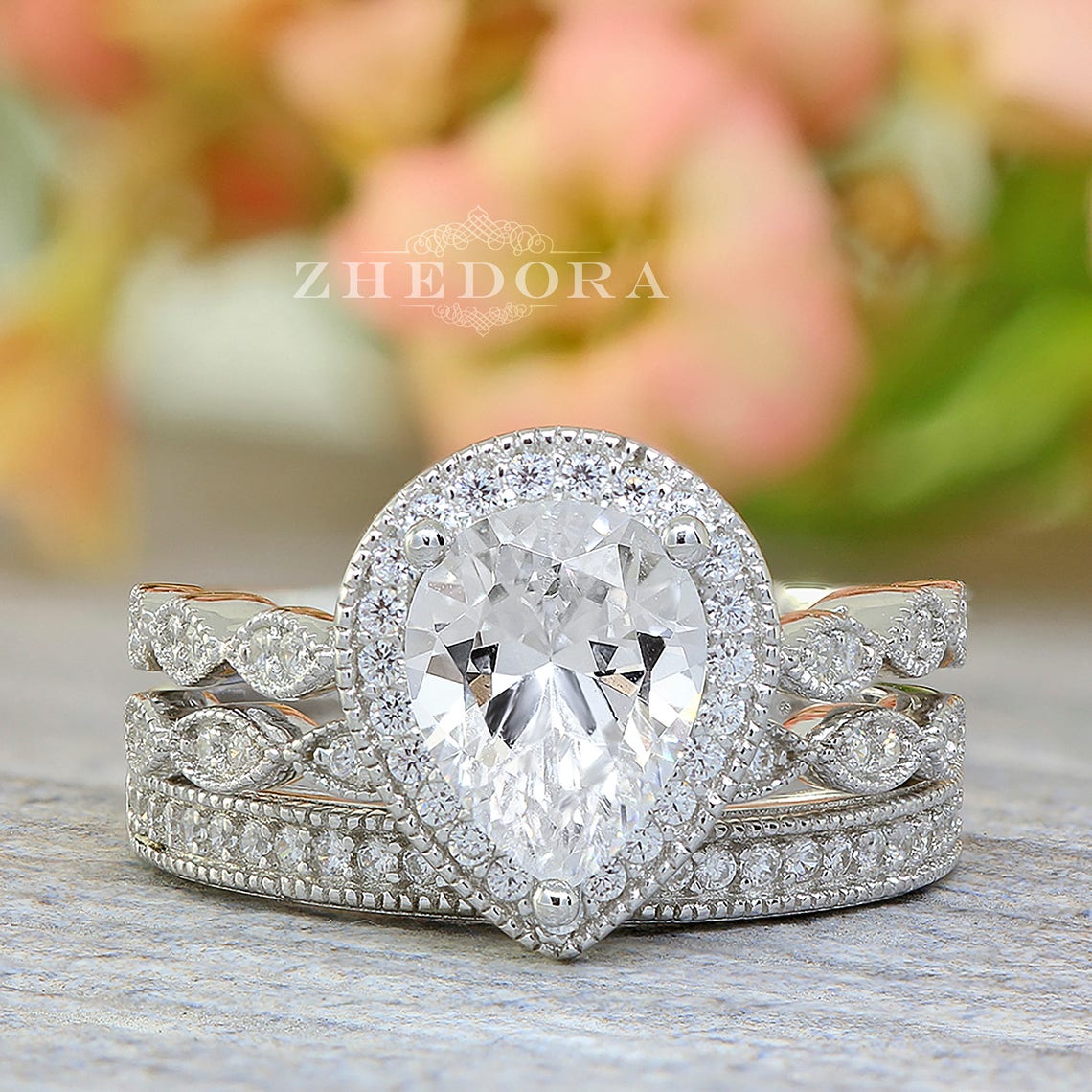 Pear Shape Engagement Ring Set Art Deco & Channel Set Bands - Etsy