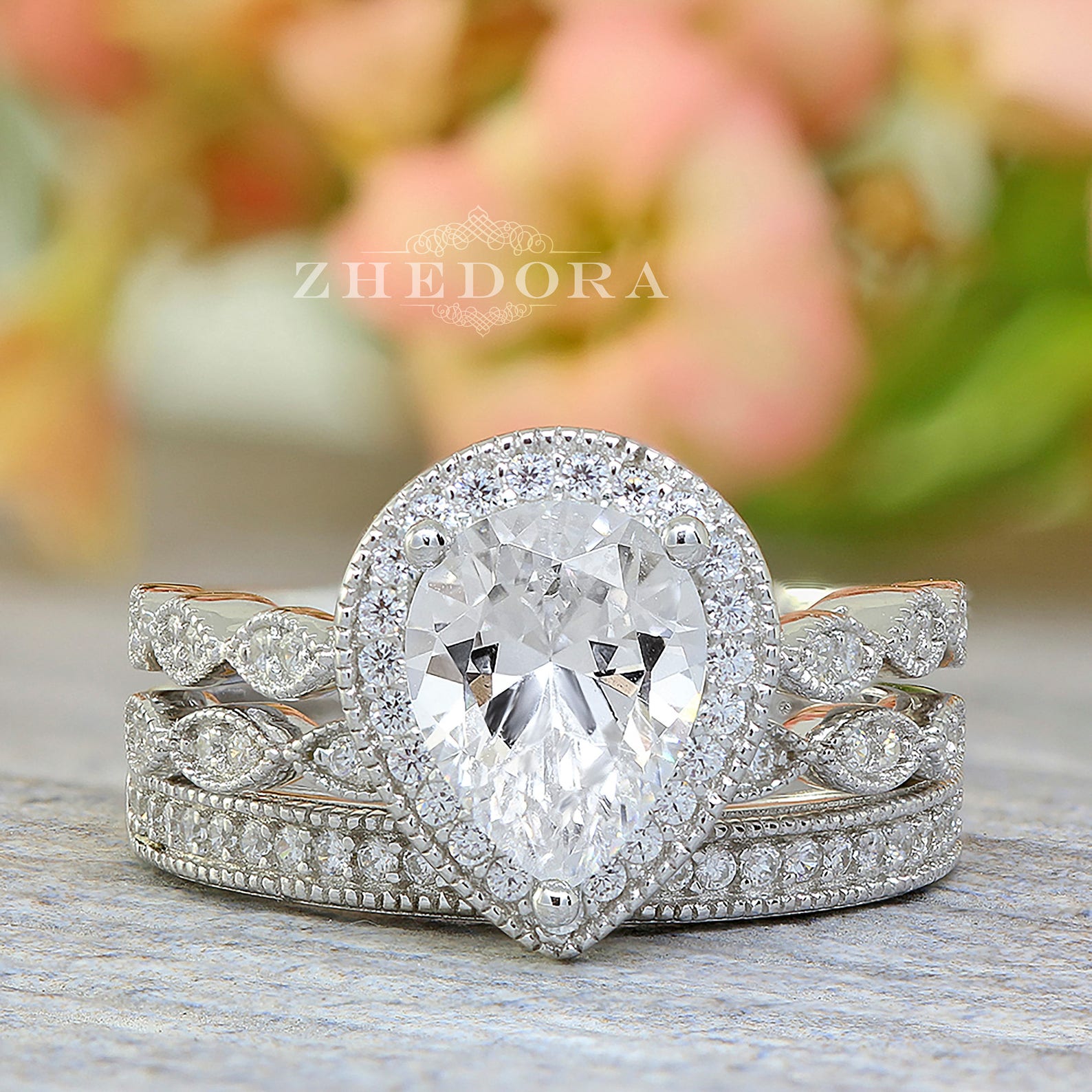 Pear Shape Engagement Ring Set Art Deco & Channel Set Bands - Etsy