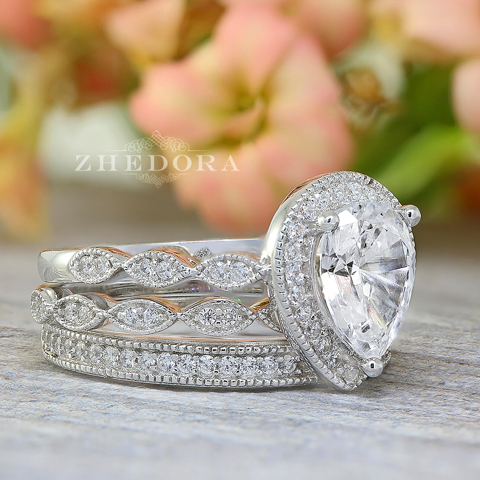 Pear Shape Engagement Ring Set Art Deco & Channel Set Bands - Etsy