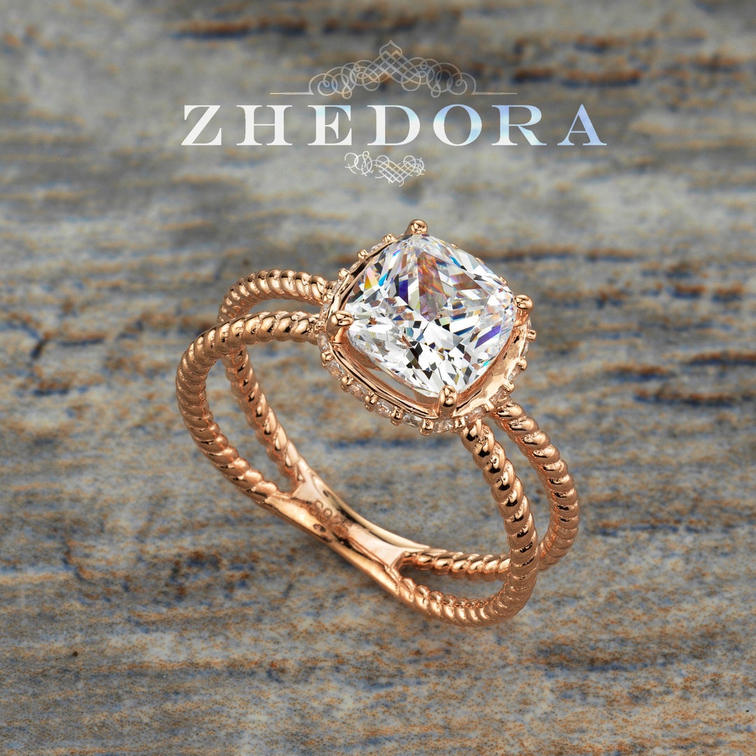 Sterling Silver Cushion Cut Cable Band Engagement Ring, Rose Gold ...