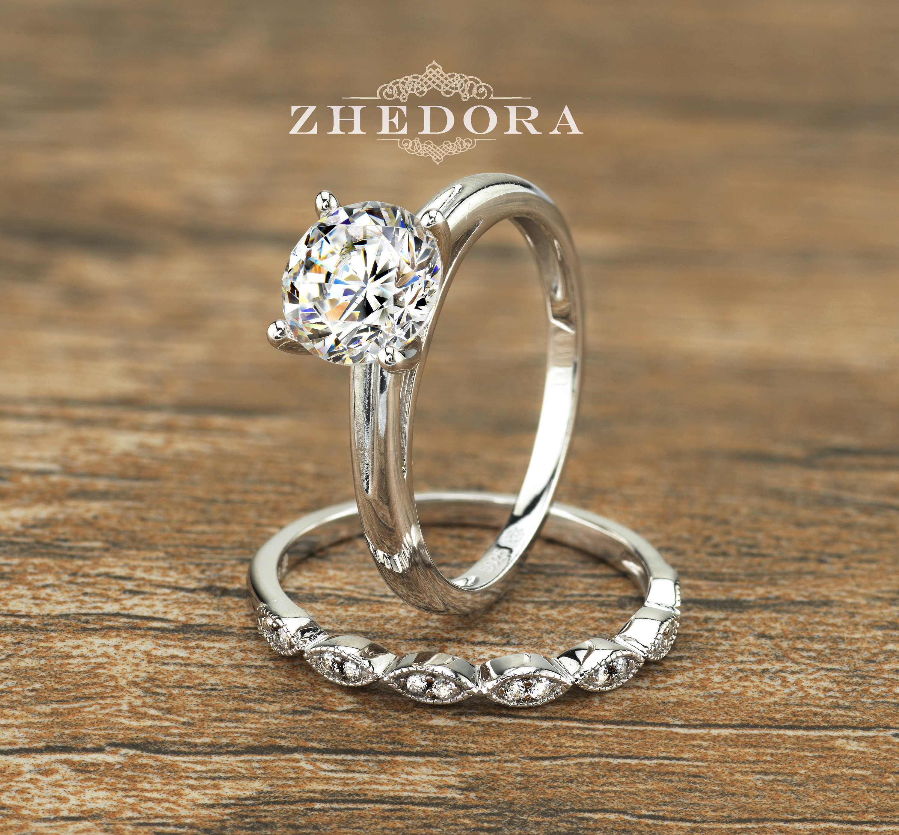 Solitaire Art Deco Bridal Set 2.1 CT Brilliant Round Cut .925 Sterling ...