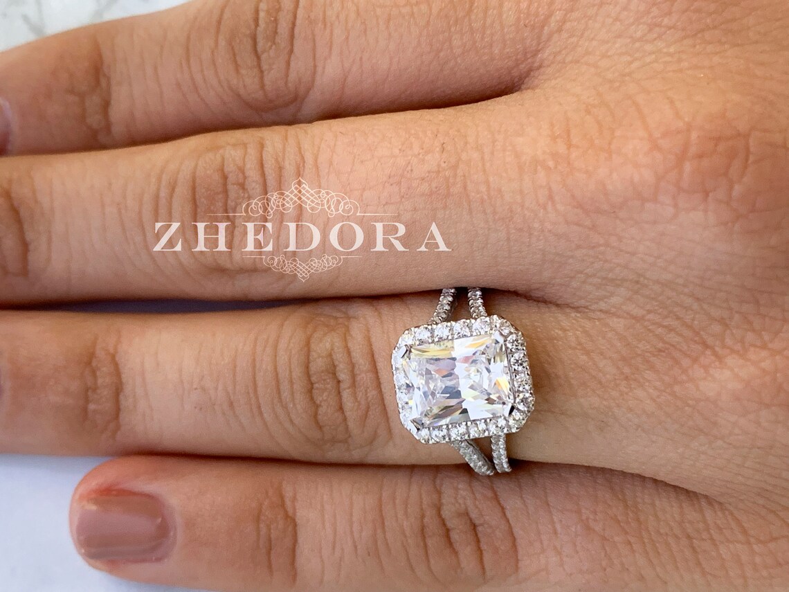 Sterling Silver Radiant Cut Engagement Ring, Split Shank Radiant Cut ...