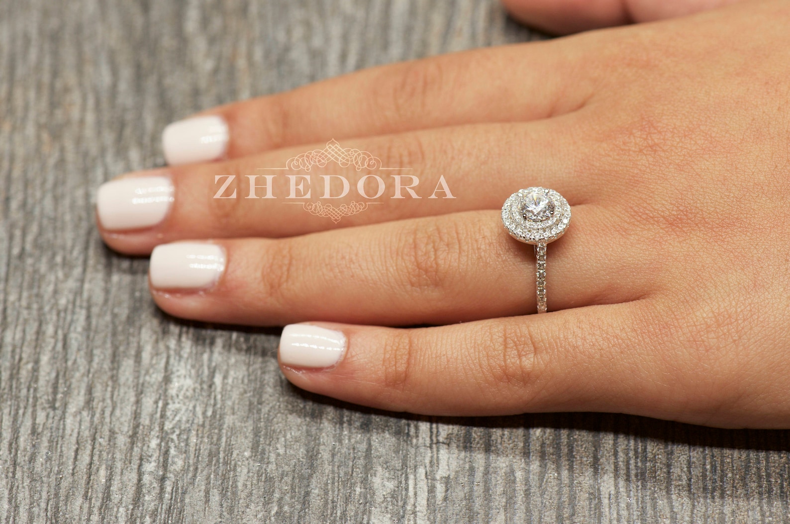 Double Halo Engagement Ring Sterling Silver Halo Wedding Ring Rhodium ...