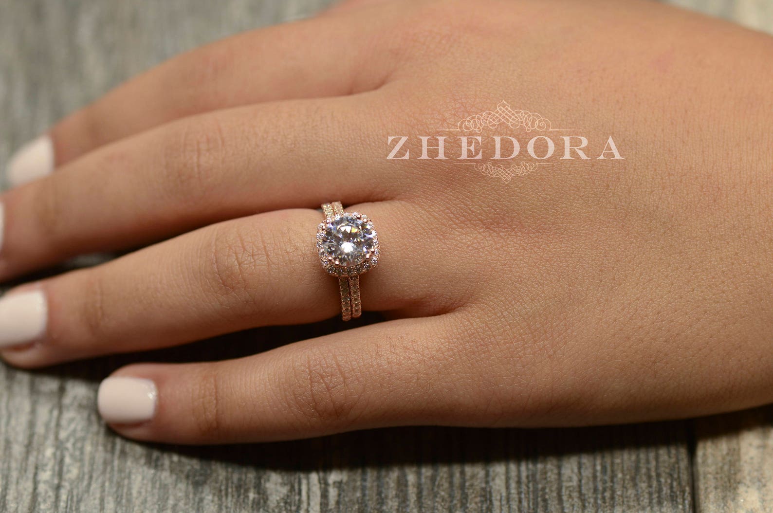 Square Halo Engagement Ring Round Cut Wedding Ring Rose Gold Plated ...