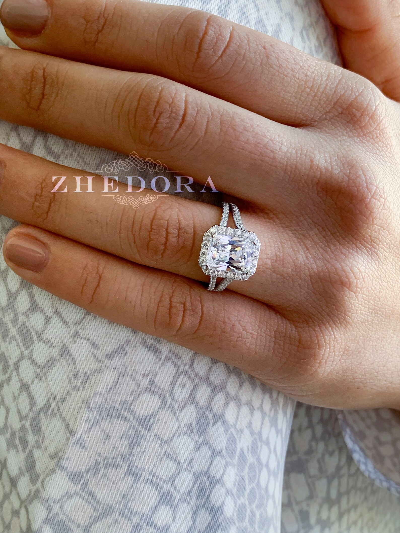 Sterling Silver Radiant Cut Engagement Ring, Split Shank Radiant Cut ...