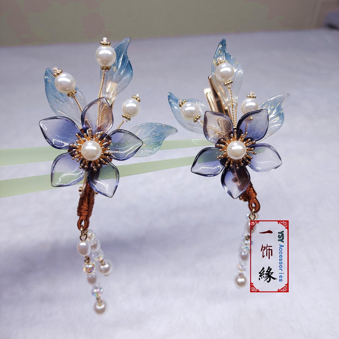 A Pair of Handmade Black Ink Flower Hair Clip With Dangle, Chinese ...