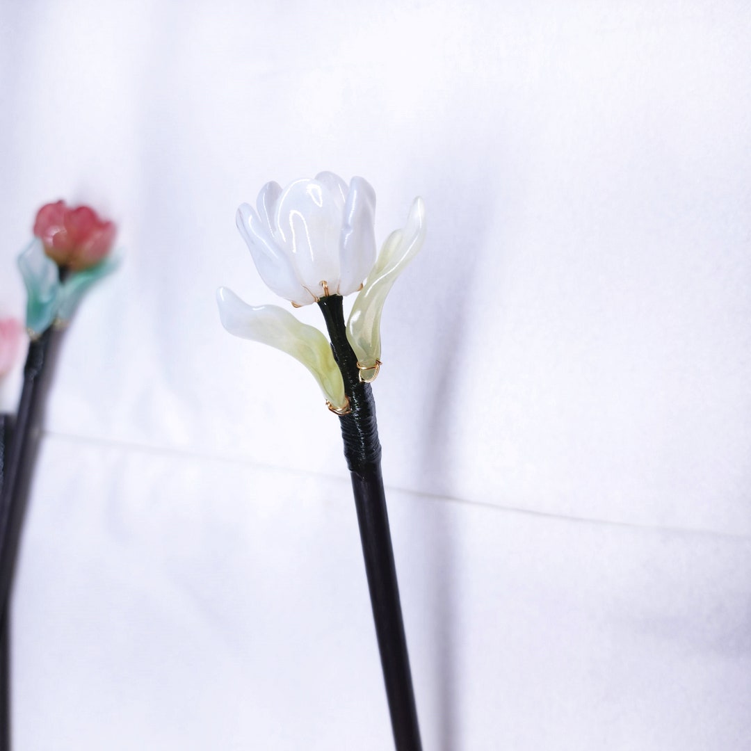 A White Tulip for Her Wooden Hair Pin Handmade Glass Tulip Hair Stick ...