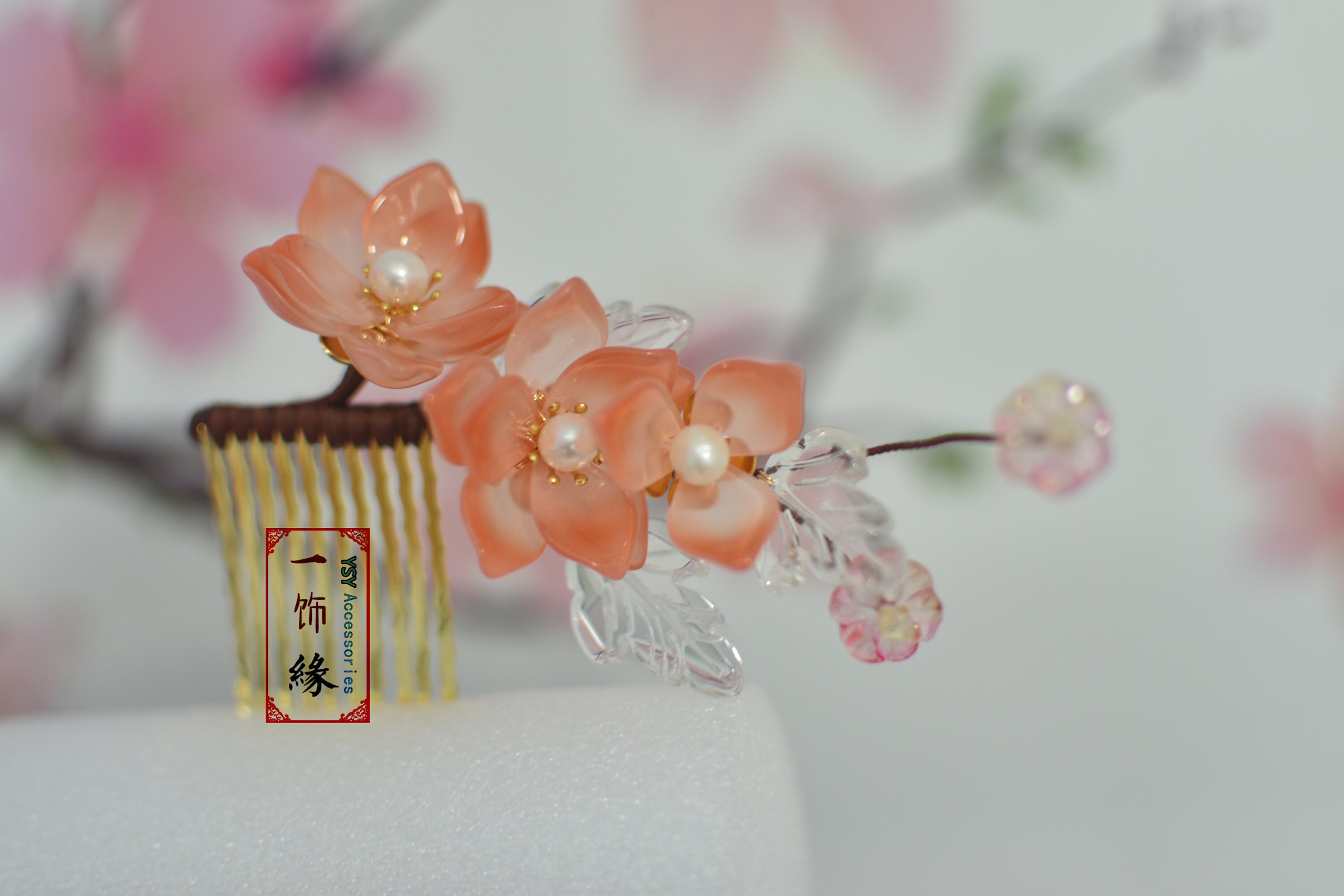 Red Orange Crystal Flower Chinese Golden Hair Comb/asian Hanfu Hair ...