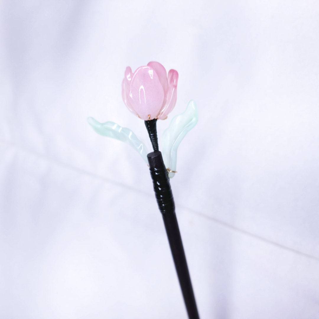 A Pink Tulip for Her Wooden Hair Pin Handmade Glass Tulip Hair Stick ...
