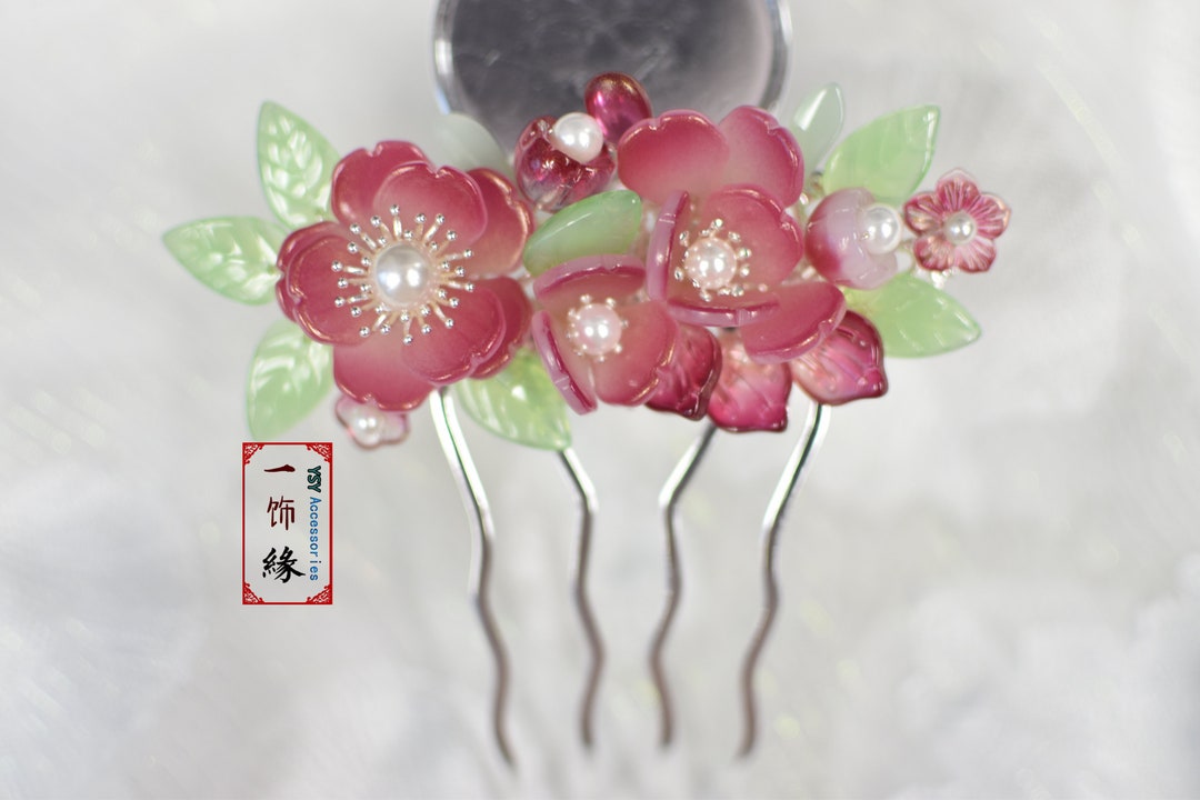 Tropical Red Flower Blossom Hair Comb/asian Hanfu Hair Jewelry ...