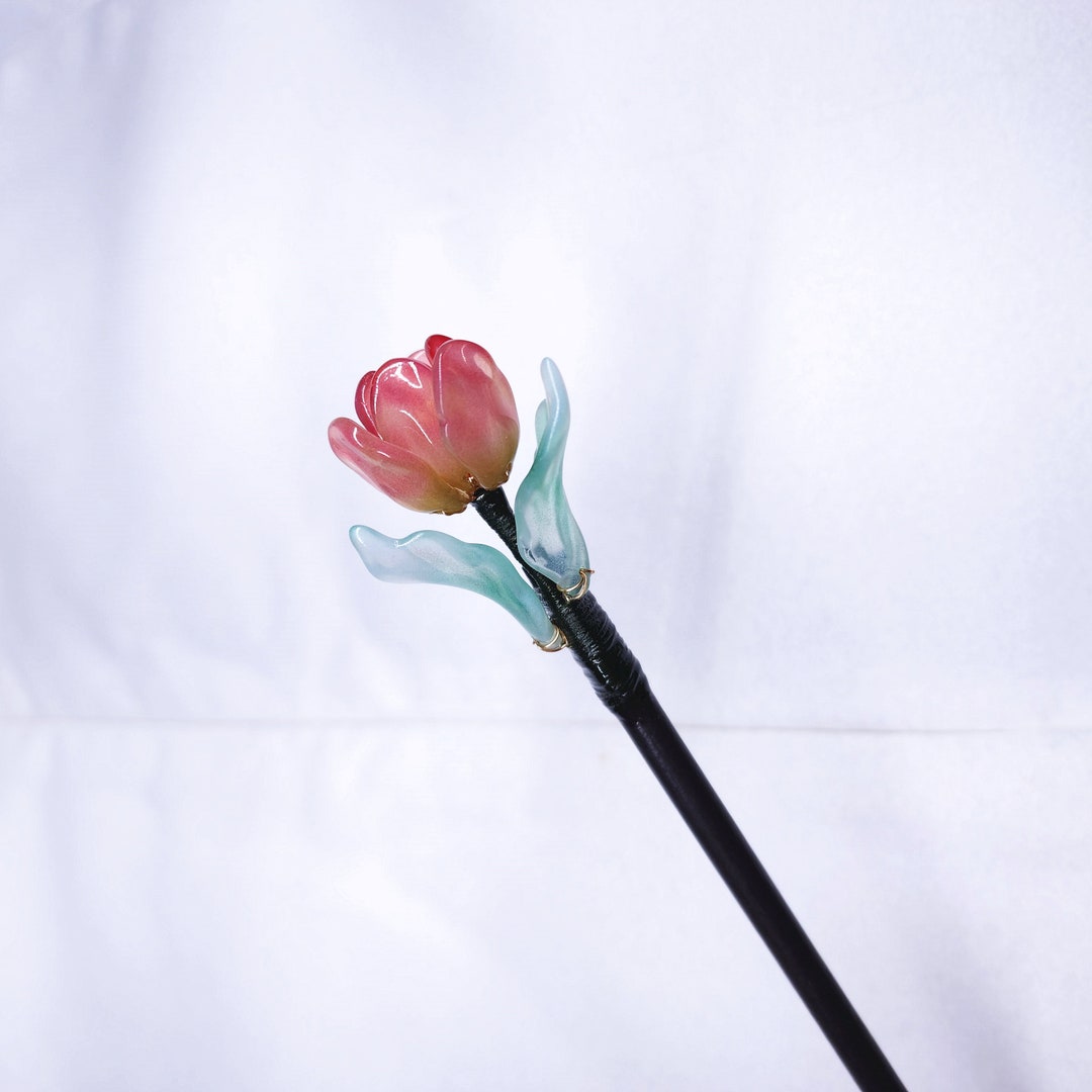 A Red Tulip for Her Wooden Hair Pin Handmade Glass Tulip Hair Stick ...