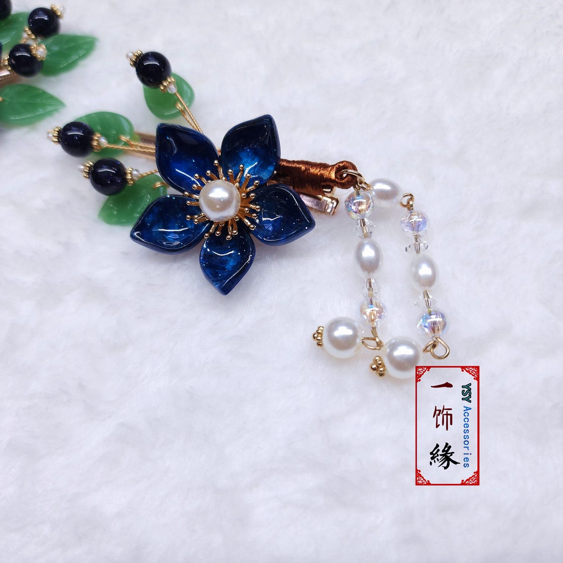 A Pair of Handmade Dark Blue Flower Hair Clip With Pearl Dangle ...