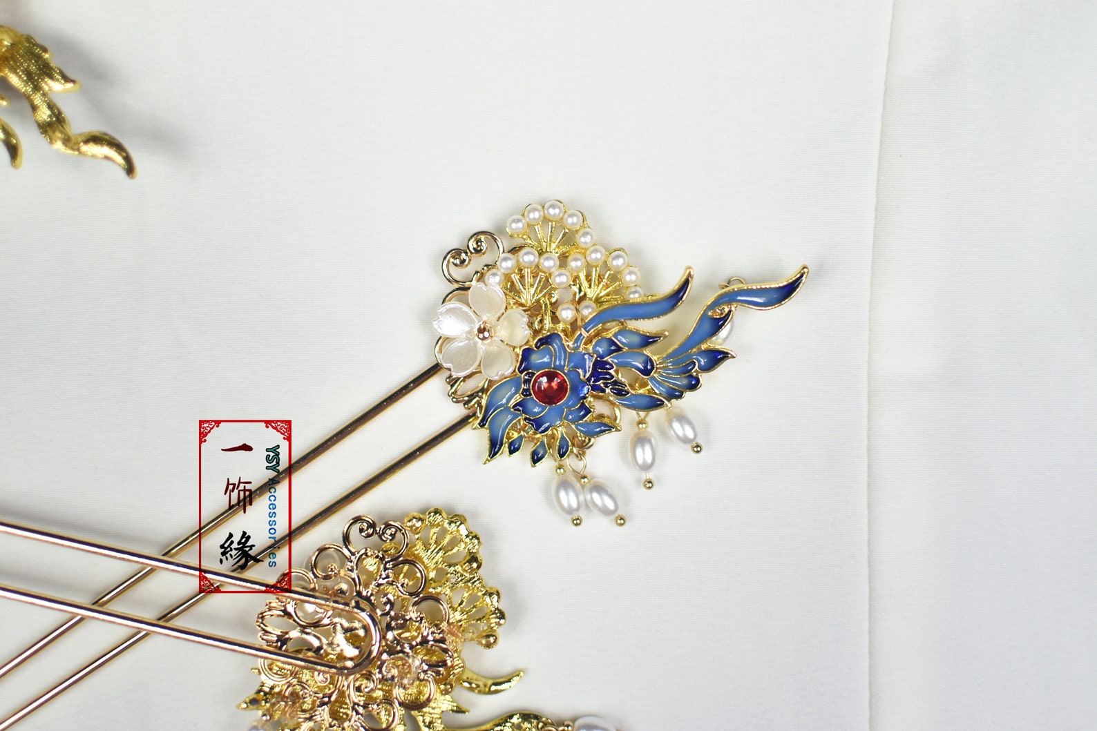 A Set of Phoenix Blue Enamel Hanfu Golden Hair Pin Hair Stick - Etsy