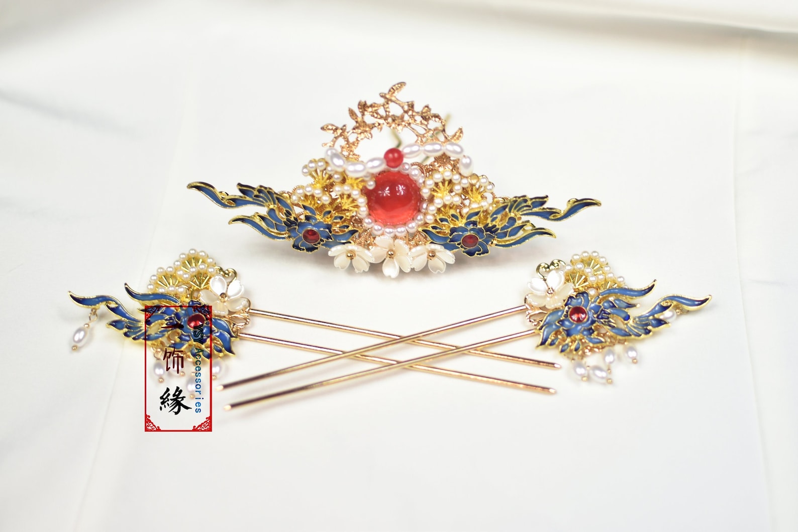 A Set of Phoenix Blue Enamel Hanfu Golden Hair Pin Hair Stick - Etsy