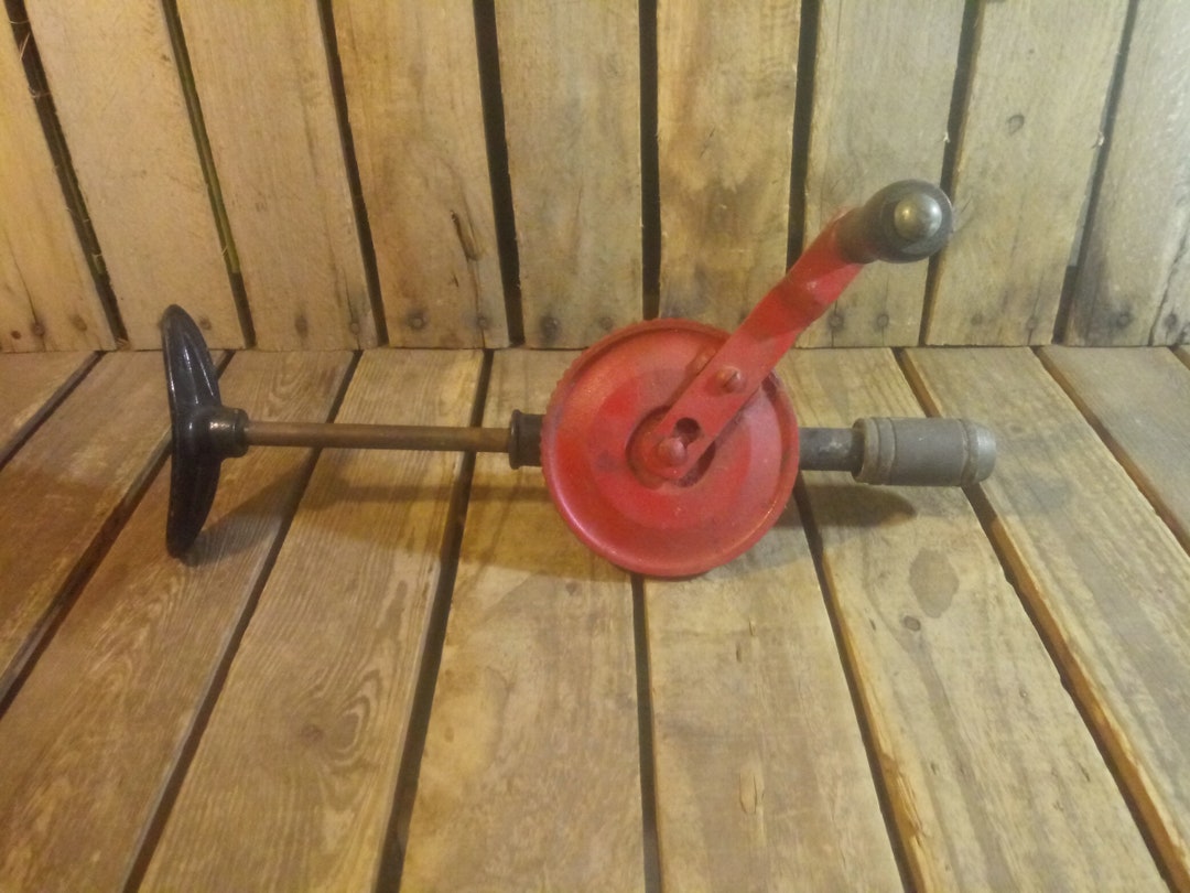 Vintage Red Hand Drill – Manual Crank Tool With Wooden Handle – Rustic ...