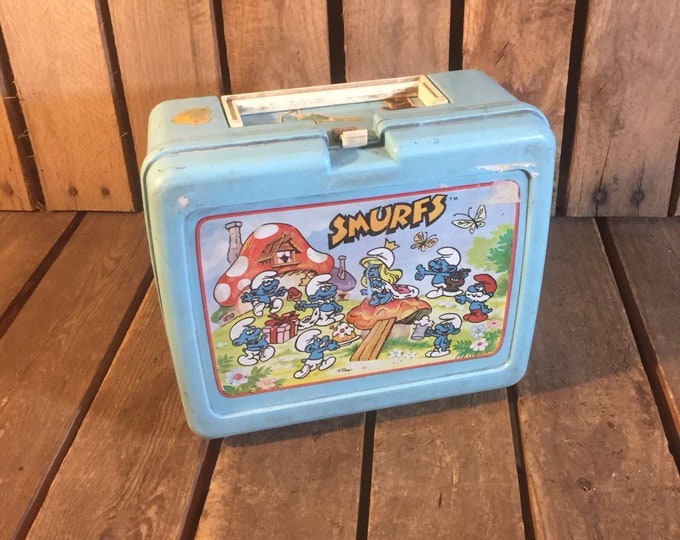 Vintage Smurfs Plastic Lunchbox 1980s Blue Cartoon Collectible Lunch ...