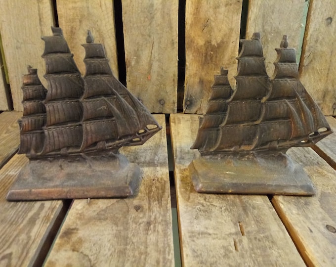 Sailing Ship Bookend Set, Vintage Chalkware Schooner Bookends, Nautical ...