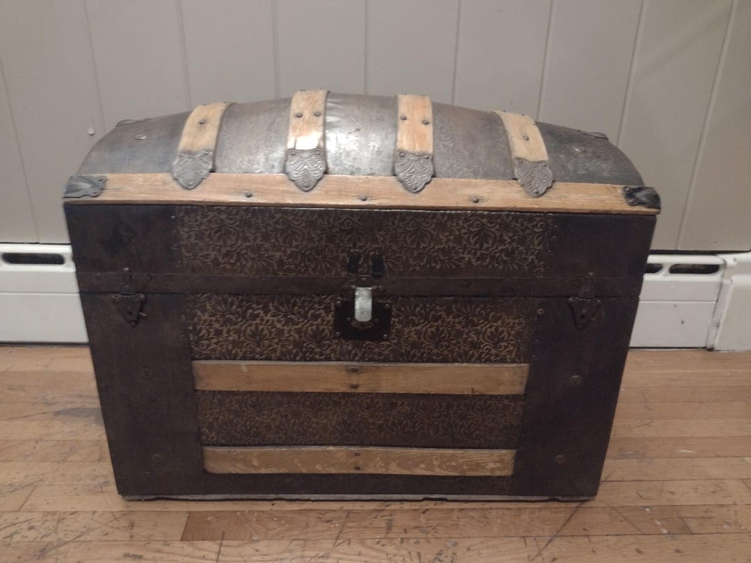 Antique Embossed Tin Steamer Trunk: Rustic Farmhouse Storage Chest - Etsy