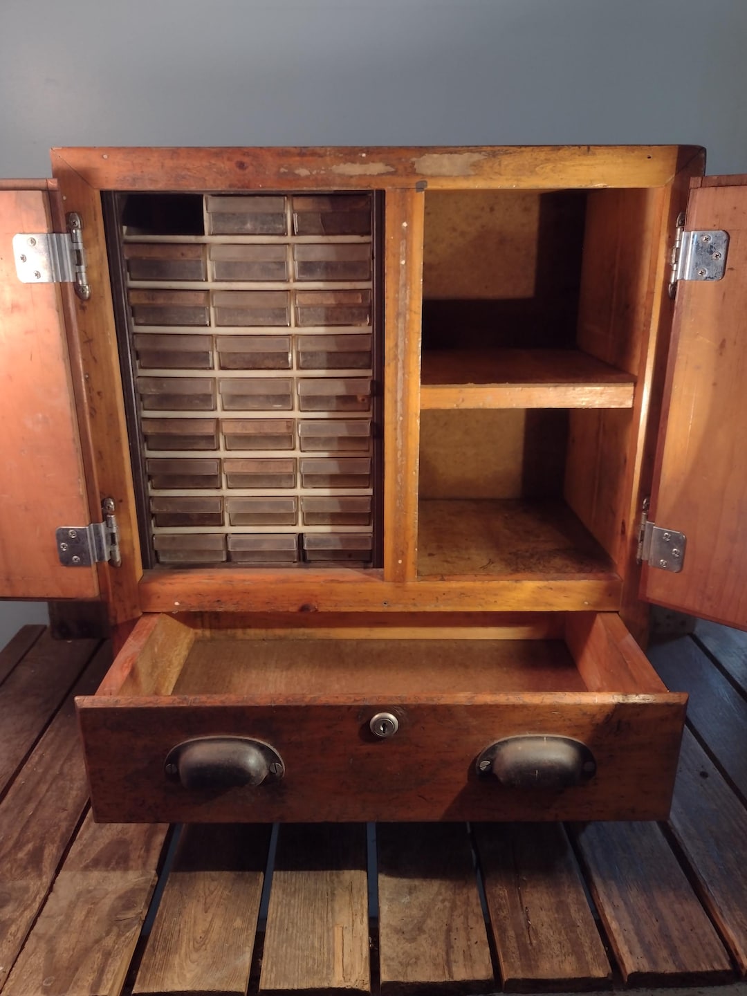 Vintage Wooden Machinist Cabinet With Plastic Drawers and Shelves ...
