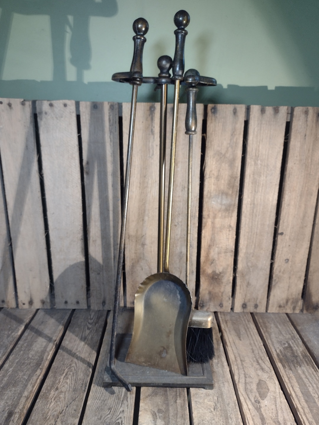 Vintage Fireplace Tools Set Rustic Hearth Brass and Iron Fire Tool Set ...