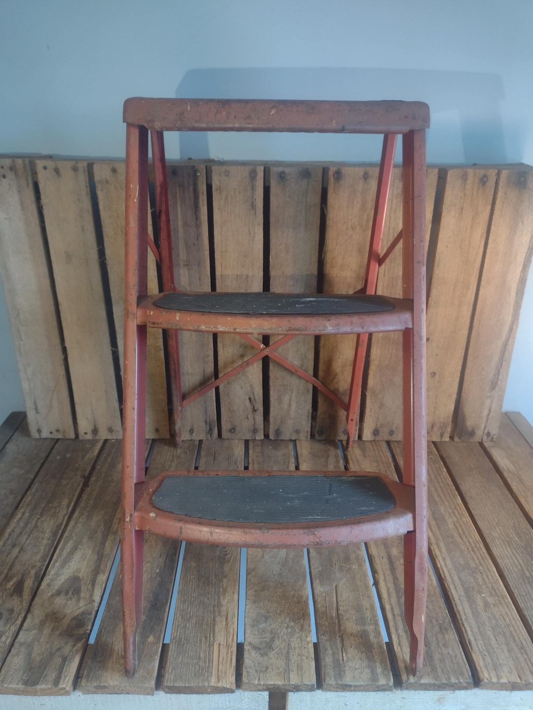 Vintage Metal Step Ladder: Rustic Farmhouse Display Shelf, Plant Stand ...