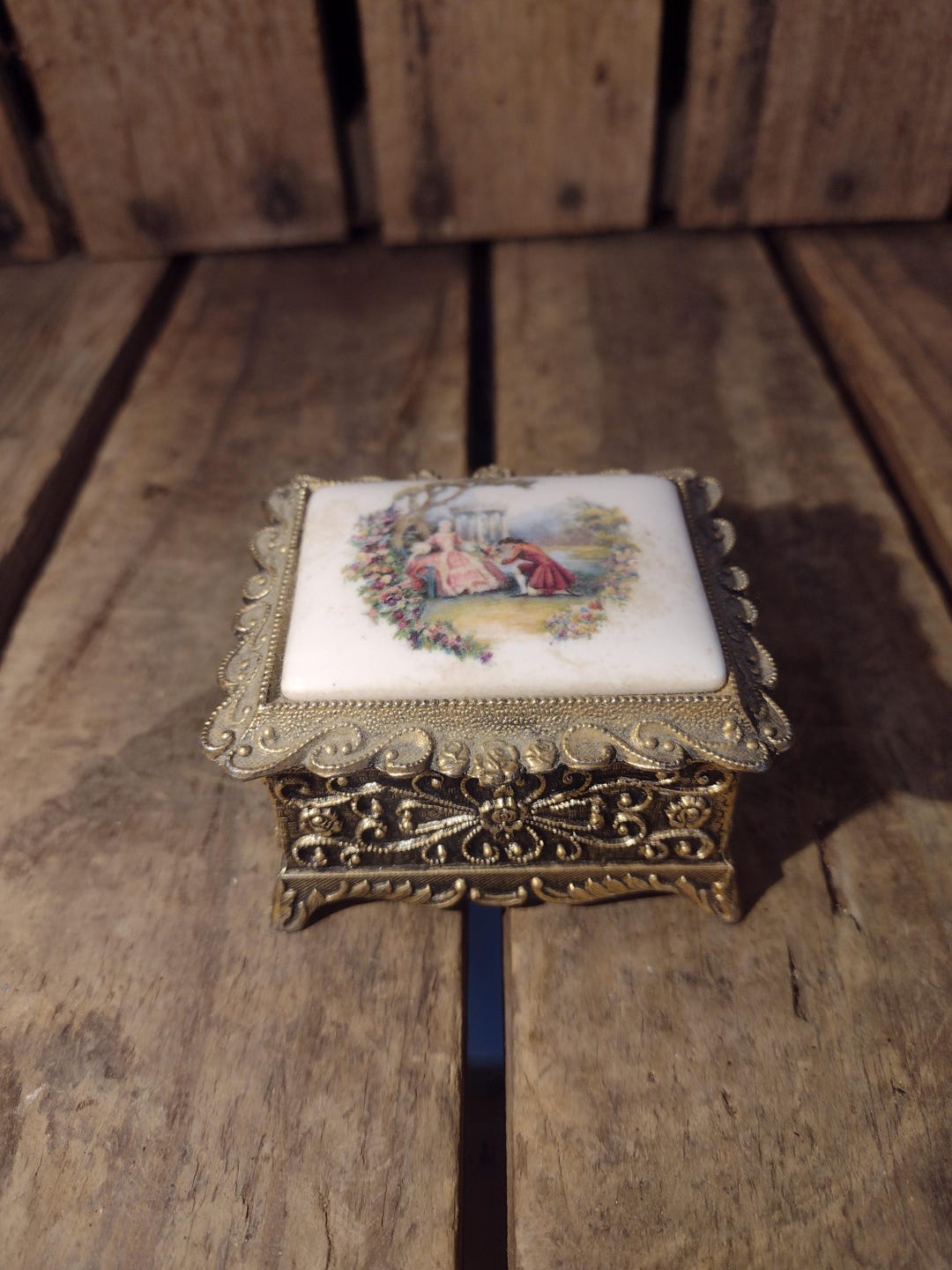 Vintage Japanese Music Box: Brass Filigree & Porcelain Trinket Holder ...
