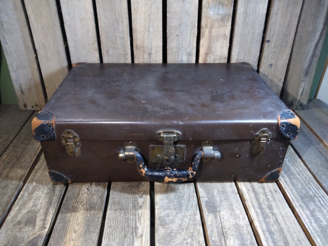Antique Fibre Suitcase | Brown Travel Luggage Trunk | Rustic Storage ...