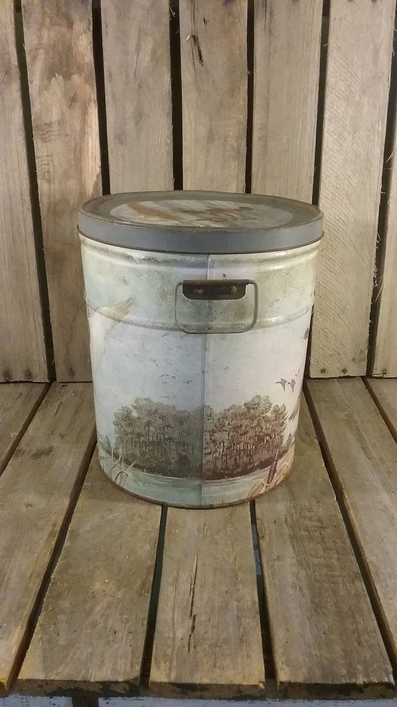 Round Tin Can Vintage Tin Can With A Pond Scene and Many | Etsy
