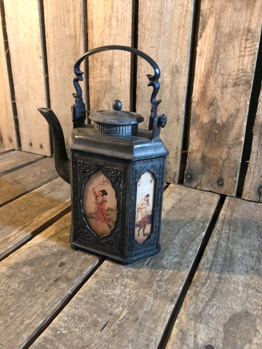 Antique 19th Century Asian Pewter Teapot: Hand-painted Glass Panels - Etsy