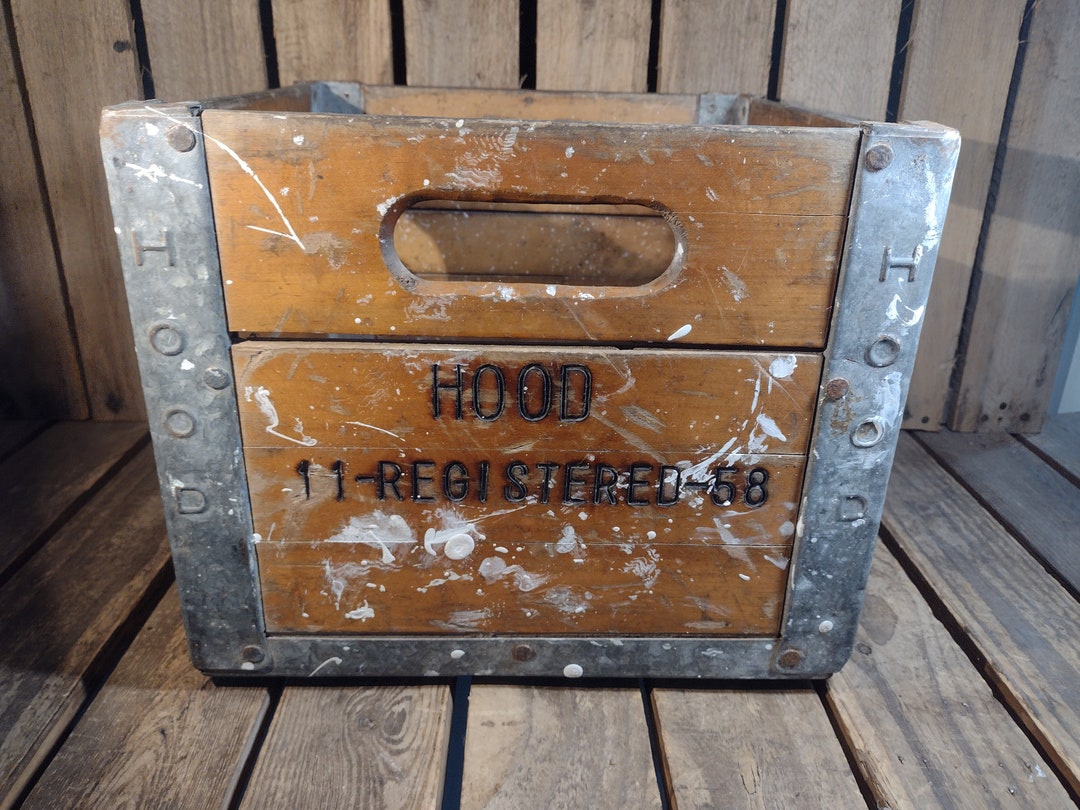 Vintage Hood Milk Crate 1958, Vintage Crate Box, Wood and Metal Milk ...