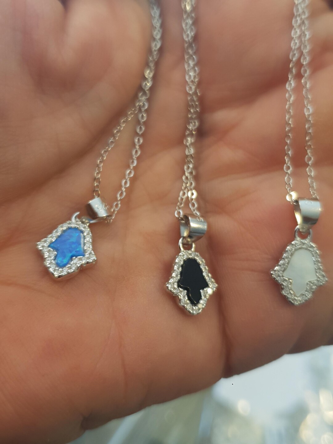 Tiny Hamsa Necklace, Silver Stone Hamsa Necklace, Good Luck Charm ...