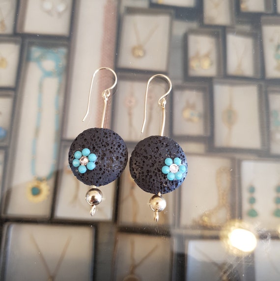 Lava stone earrings Black lava earrings Essential oil jewelry Gold filled earrings Volcanic rock jewelry Gemstone earring Turquoise earrings Etsy