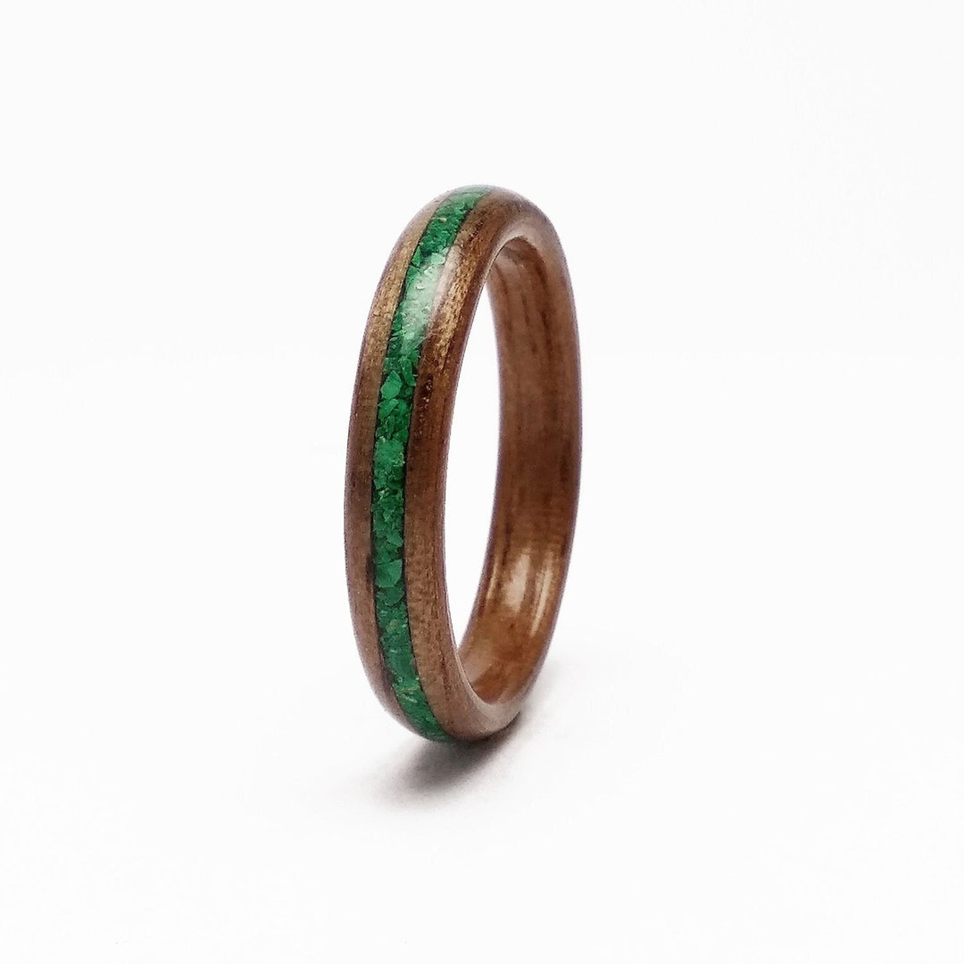 Walnut Wood and Malachite Ring, Handmade Bentwood Wedding Band - Etsy