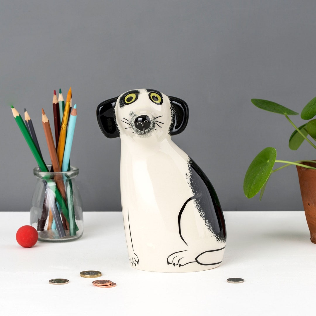 Handmade Ceramic Black and White Dog Money Box, Designed in the UK by ...