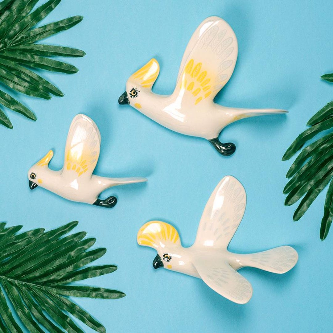 Handmade Ceramic Flying Cockatoo Set of 3, Retro Wall Art, Cockatoo ...