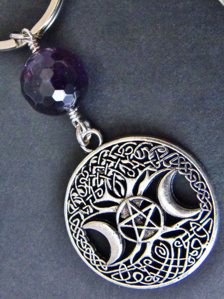 Triple Moon Pentagram Dark Amethyst Keyring | Etsy