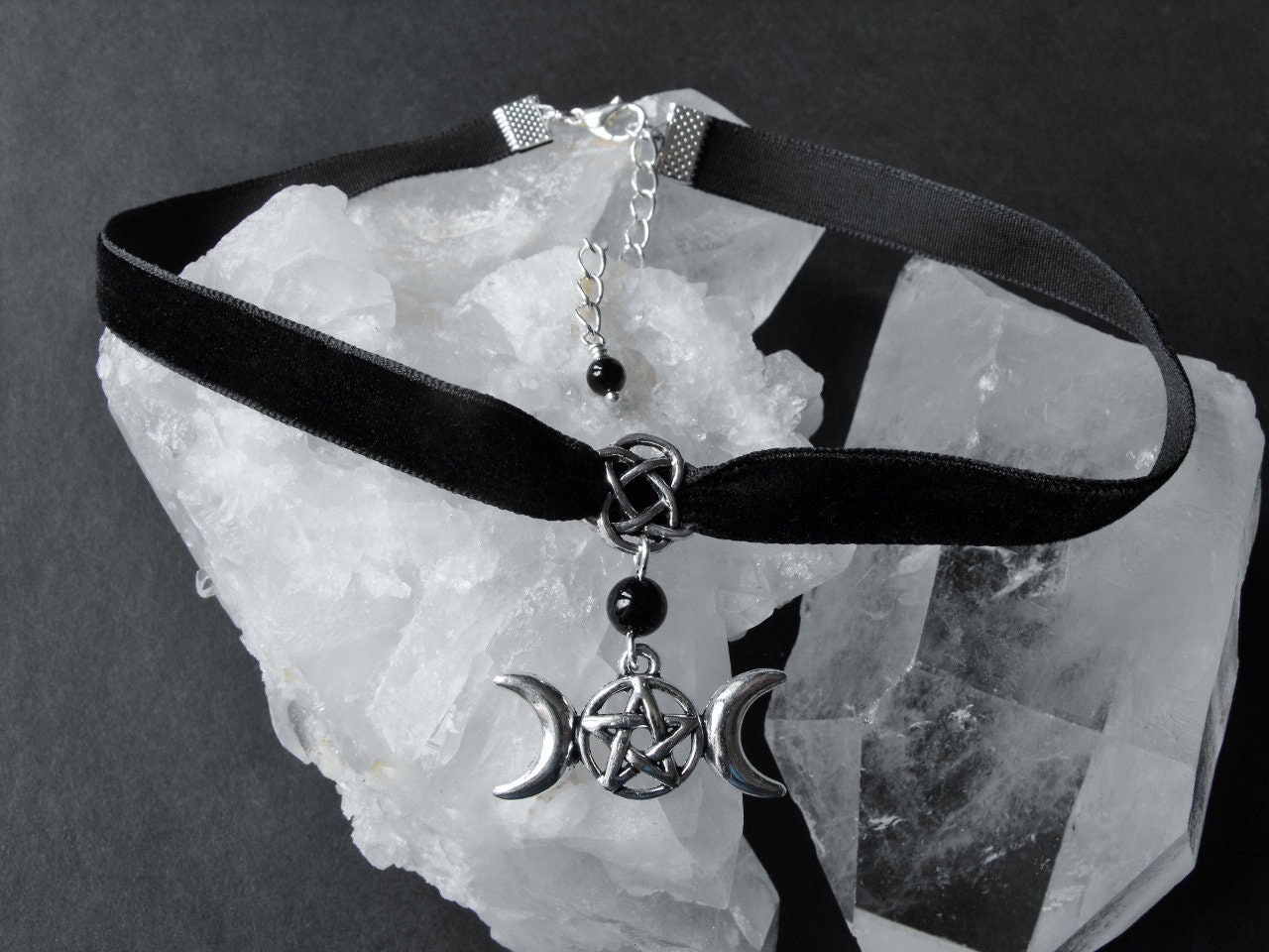 Triple Moon Pentacle Choker Necklace. Black Velvet - Etsy
