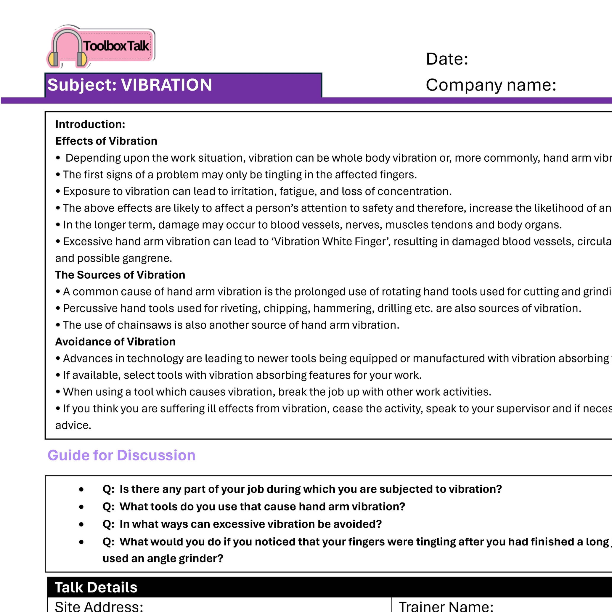 Toolbox Talk - Vibration - PDF Digital Download - Etsy