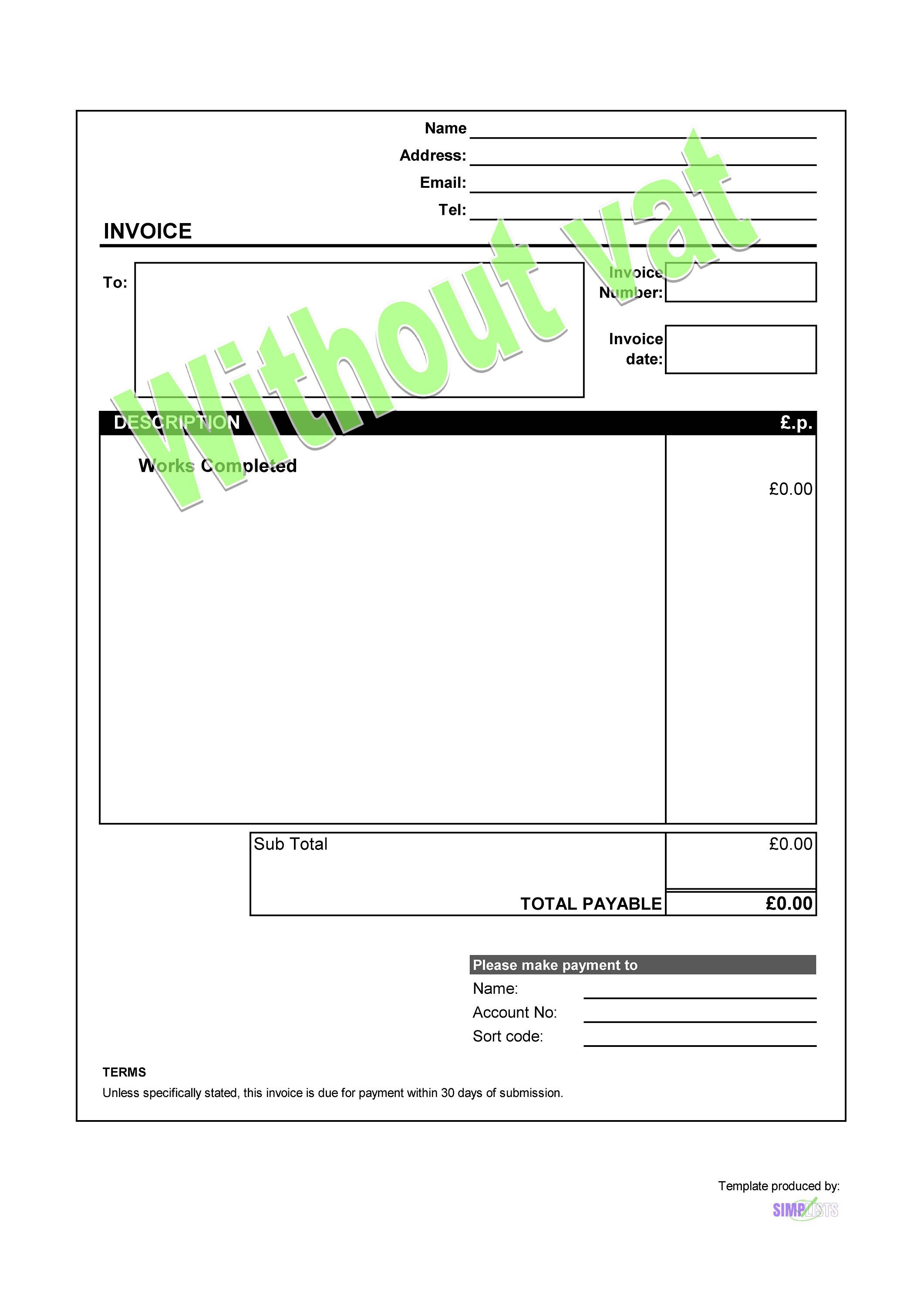 Invoice Template (UK Without VAT Section) - Excel File Instant Digital ...
