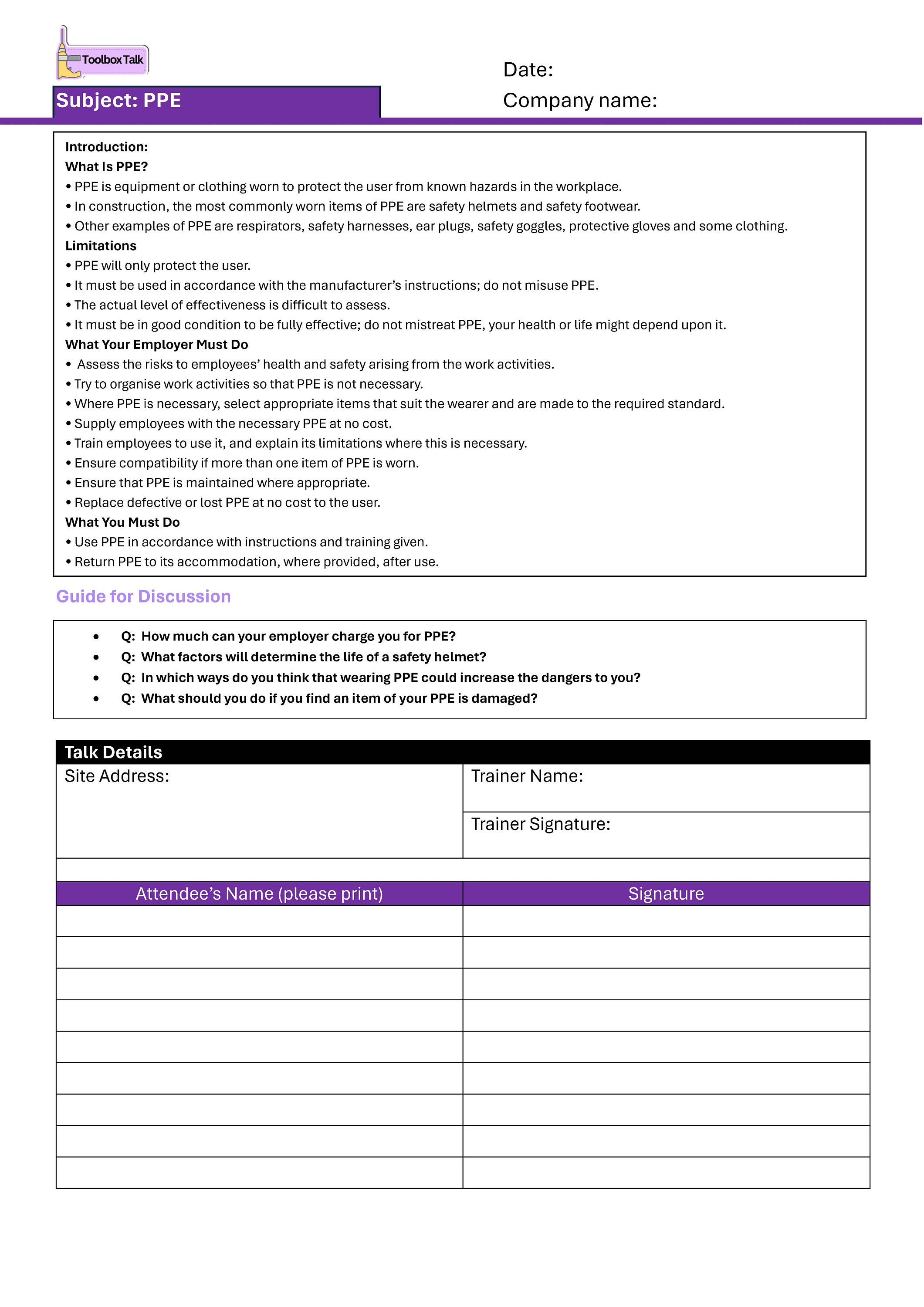 Toolbox Talk - PPE - PDF Digital Download - Etsy