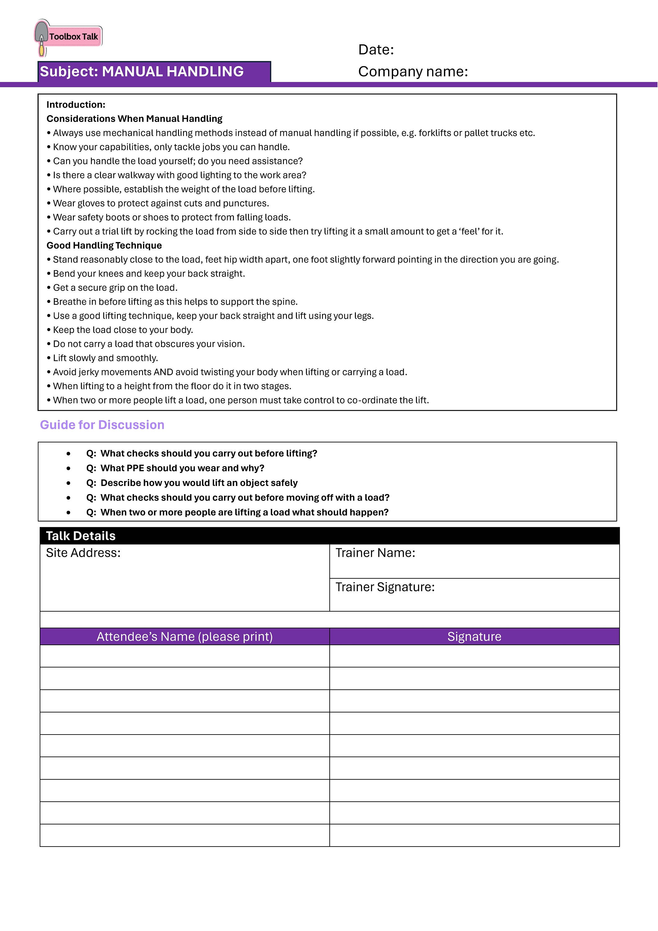 Toolbox Talk - Manual Handling - PDF Digital Download - Etsy